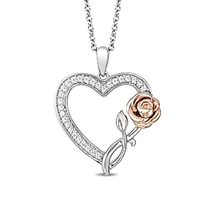 Jewelili Enchanted Disney Fine Jewelry Silver and 10K Rose Gold with 1/6 CTTW Diamonds Belle Rose with Heart Pendant