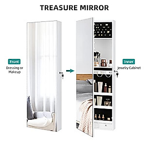 YITAHOME LEDs Jewelry Cabinet Wall Mounted, 47.2" H Jewelry Armoire Over door with Mirror Space Saving Jewelry Storage Organizer, 2 Drawers, Foldable Makeup Shelf, White
