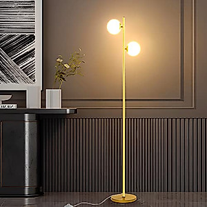 Dimmable Gold Globe Floor Lamp,Mid Century Modern Globe Lamp with 0%-100% Brightness 2pcs G9 LED Bulbs (Included) Plastic Shatterproof Lampshade,Tree Tall Lamps for Living Room/Bedroom/Sofa Corne