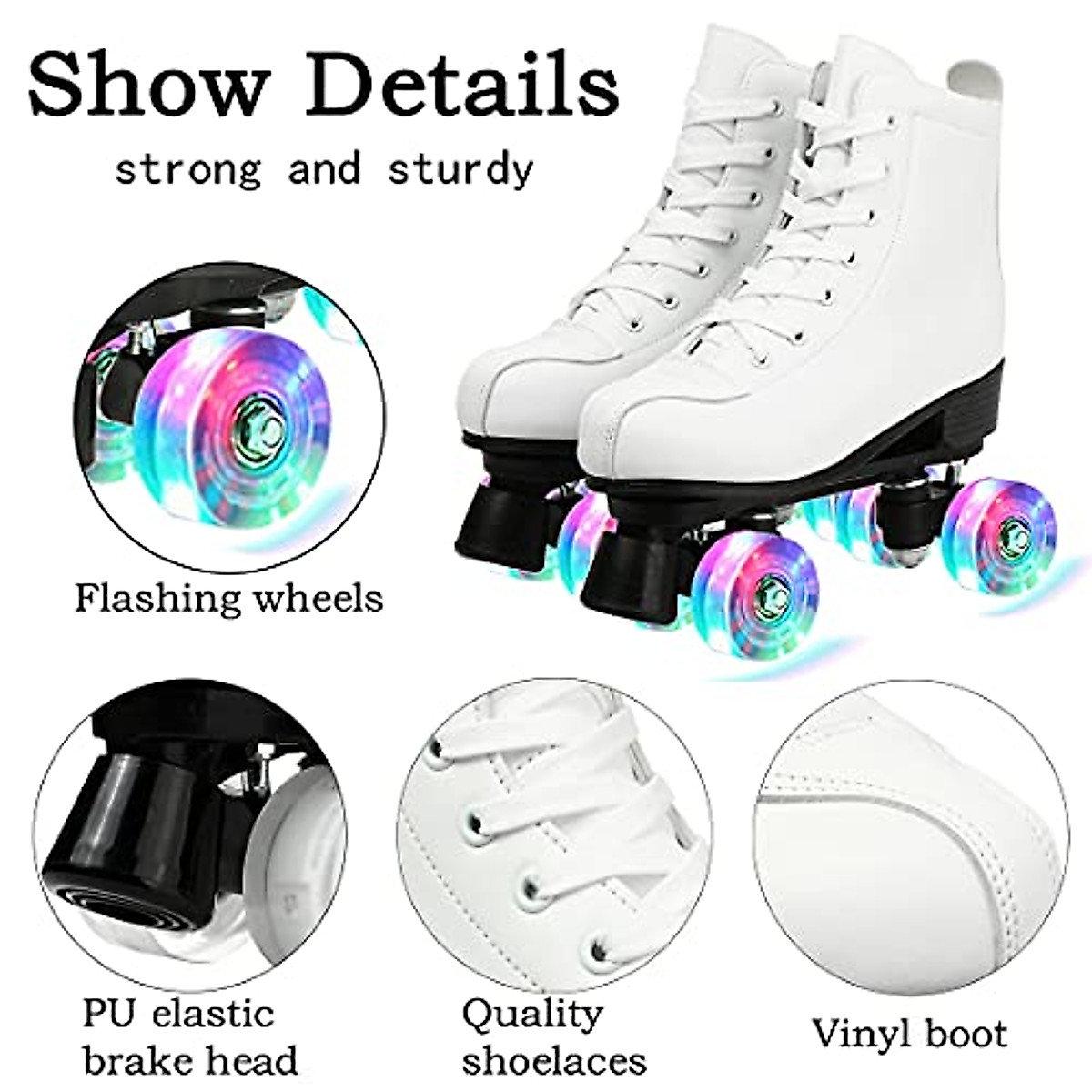 PHSDA Women's Roller Skates PU Leather High-top Roller Skates Four-Wheel Roller Skates Shiny Roller Skates for Unisex Kids and Adults (White Flash,270/us 8)