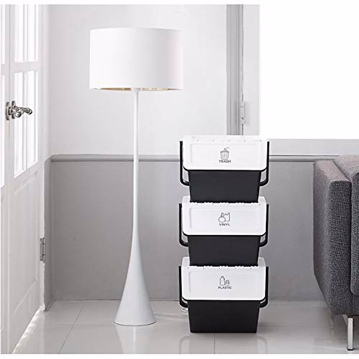 Nature Living Modern Daily Stackable Organizer Stores Recycling Bin Container with Lid, Handle, Recycle Sticker Trash Bin Label, Tools and Toys, Handy Recycler, 3 Pack of Bins, Black and White