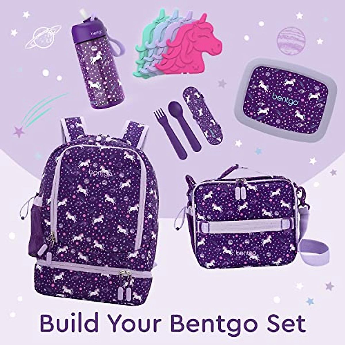 Bentgo® Kids 2-in-1 Backpack & Insulated Lunch Bag - Durable 16” Backpack & Lunch Container in Unique Prints for School & Travel - Water Resistant, Padded & Large Compartments (Unicorn)