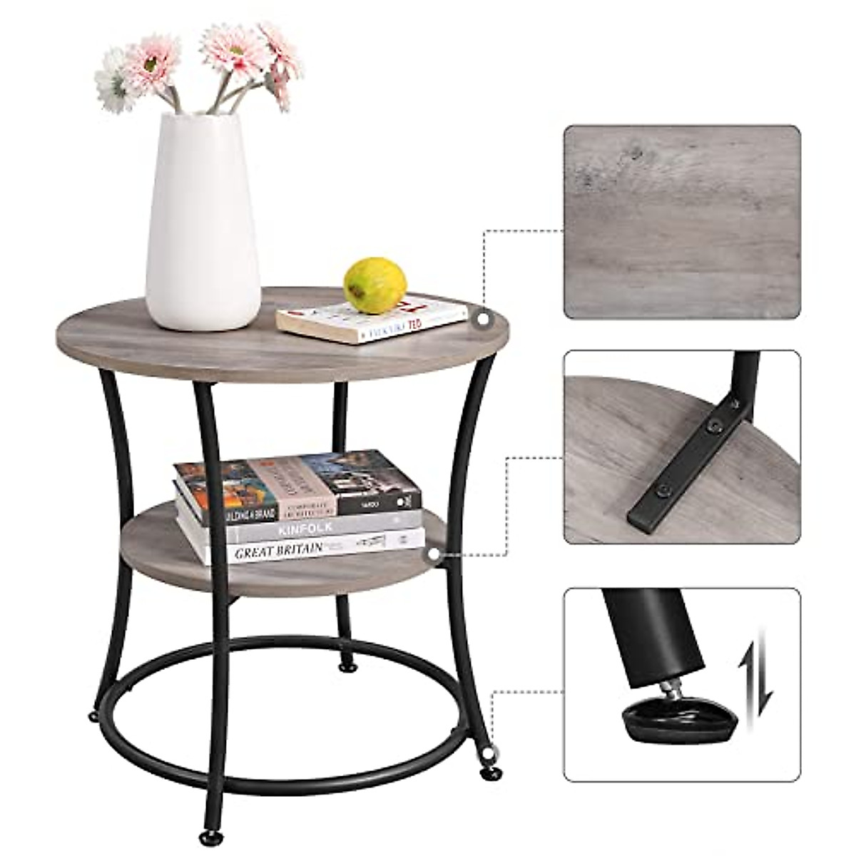 VASAGLE Side Table, Round End Table with 2 Shelves for Living Room, Bedroom, Small Table with Steel Frame for Smaller Spaces, Outdoor, Greige and Black