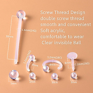 Hoeudjo Clear Cartilage Earrings Piercing Retainers 24Pcs Flexible Acrylic Helix Hoop Bioflex Nose Lip Stud Eyebrow Tragus Septum Horseshoe Rings Body Jewelry for Work