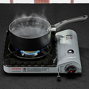 Chef Master 90019 Portable Butane Stove | 15,000 BTU Single Burner Gas Stove | Camping and Backpacking Essentials | Piezo Click Ignition | Double Wind Guard Burner | Hard Carrying Case