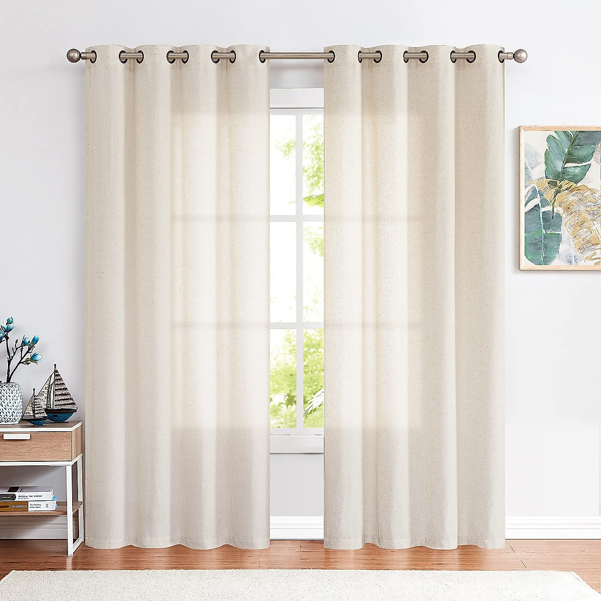 JINCHAN Linen Curtains for Living Room Beige Grommet Top Window Treatment Set for Bedroom 2 Panels 96 inches Long Crude