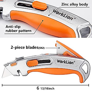 WORKLION Heavy-Duty Utility Knife Retractable: Zinc Alloy Body & Rubber Grip Handle & Retractable 3 Position & Blades Storage Design & Extra 5 Blades Refills - Safe Box Cutter