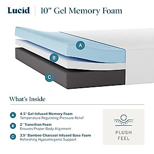 LUCID 10 Inch Memory Foam Mattress - Plush Feel - Infused with Bamboo Charcoal and Gel - Bed in a Box - Temperature Regulating - Pressure Relief - Breathable - Full Size