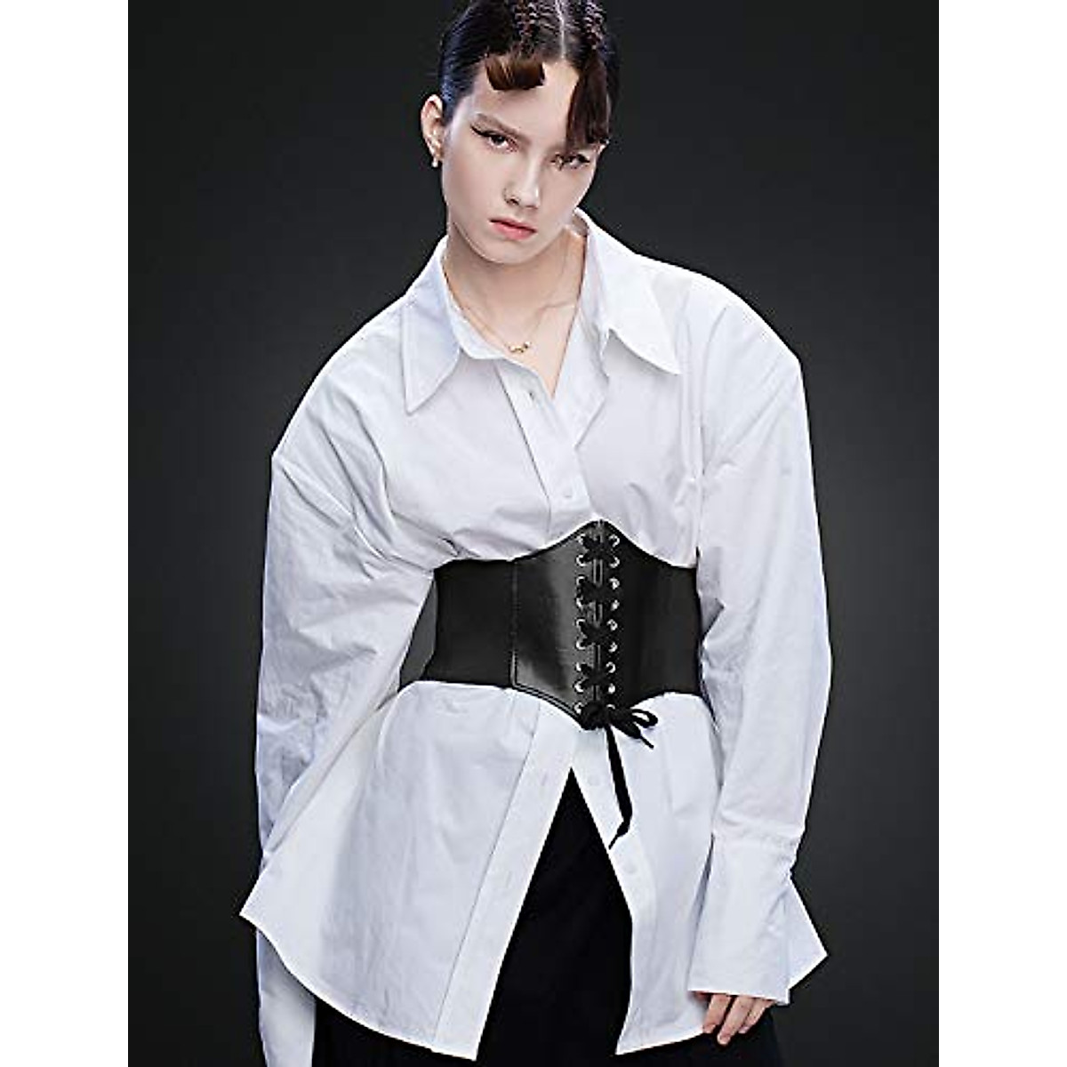 Glamorstar Corset Belt for Women Wide Elastic Tied Waspie Belts Lace-up Leather Waist Belts for Women Dresses 75cm Black