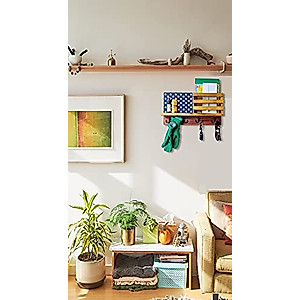 American Flag Key Holder & Organizer with Shelf for Wall. Crafted of Natural Fir Wood, Hand Painted in Patriotic Red, White, Blue. Unique Design, Decor Accent for Entry, Office, Living Room, Bedroom