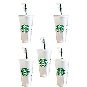 Starbuck 5 Pack Bundle - Reusable Frosted 24 oz Cold Cup with Lid and Green Straw w/Stopper