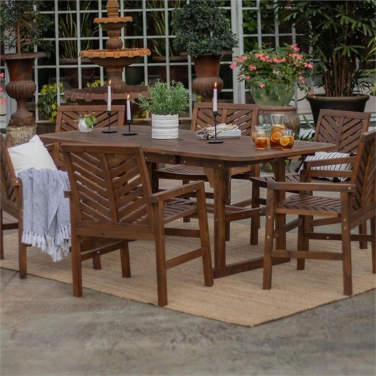 Walker Edison 6 Person Outdoor Wood Chevron Patio Furniture Dining Set Extendable Table Chairs All Weather Backyard Conversation Garden Poolside Balcony, 7 Piece, Dark Brown