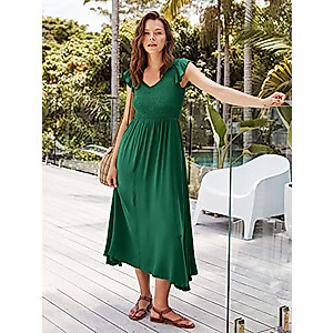 ANRABESS Women's Summer V Neck Ruffle Sleeve Midi Dress Boho Smocked Swing Long Dress with Pockets A836-yelv-L