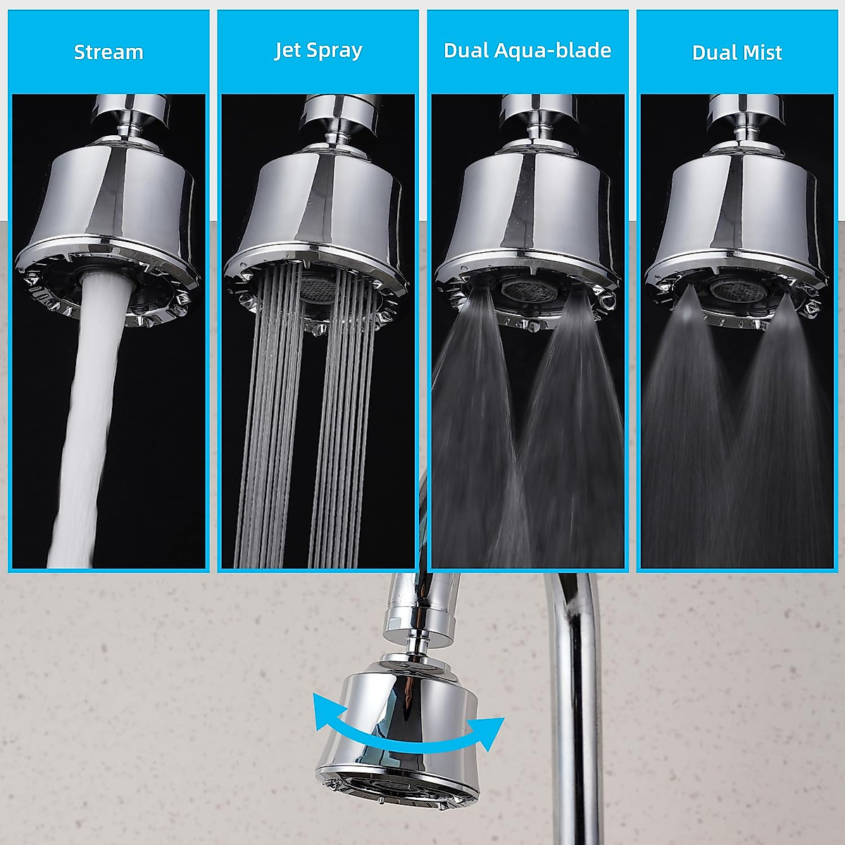 iFealClear Sink Faucet Aerator with Metal Ball Joint, 360° Swivel Faucet Sprayer Head, Big Angle Kitchen Sink Faucet Head, 55/64-27UNS Brass Female Thread, 4 Spray Modes, Extra Adapters, Chrome