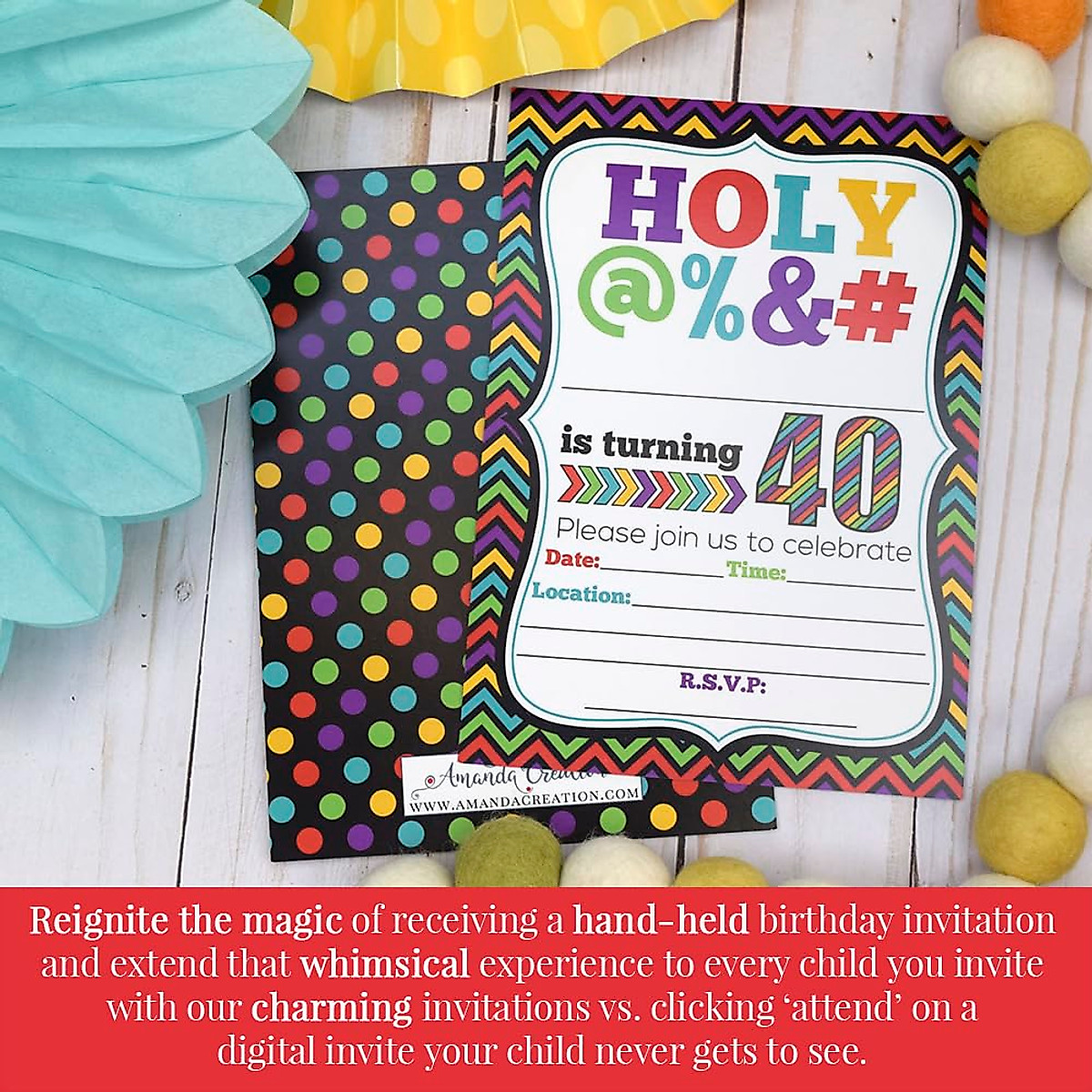 HOLY @% 40th Birthday Party Invitations, 20 Funny 5x7 Fill In Cards with Twenty White Envelopes for Milestone Birthdays by AmandaCreation