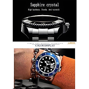 LOREO Luxury Automatic Watch for Men Sapphire Crystals Black Rotating Bezel Luminous Markers and Hands Date 316L Stainless Steel Case and Bnad Waterproof Watch