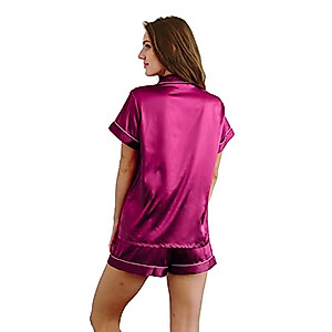 Queens Bridal Women’s Short Sleeve Silk Satin Pajama Set 2 pieces Button Down Loungewear Sleepwear (Hot Pink, Small)