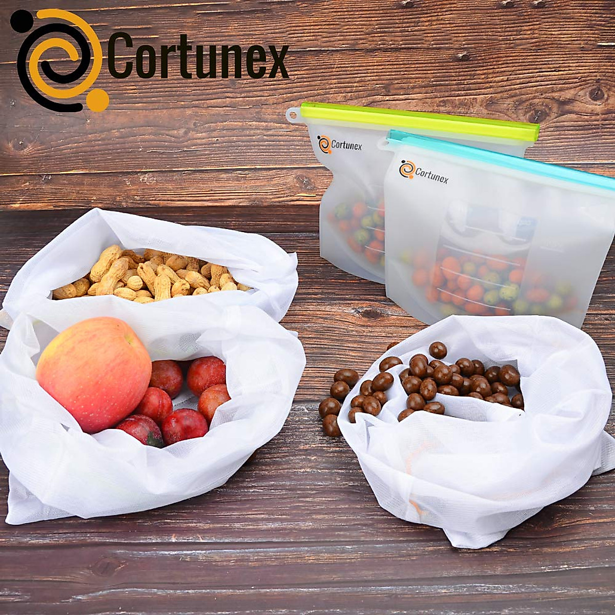 Reusable Silicone Food Storage Bags | 100% Food Grade Silicone Bags | LEAKPROOF, AIRTIGHT | Keep Fruit, Snacks, Veggie, Sandwich FRESH | Set Of 6 Bundle With 6 Reusable Mesh Produce Bags