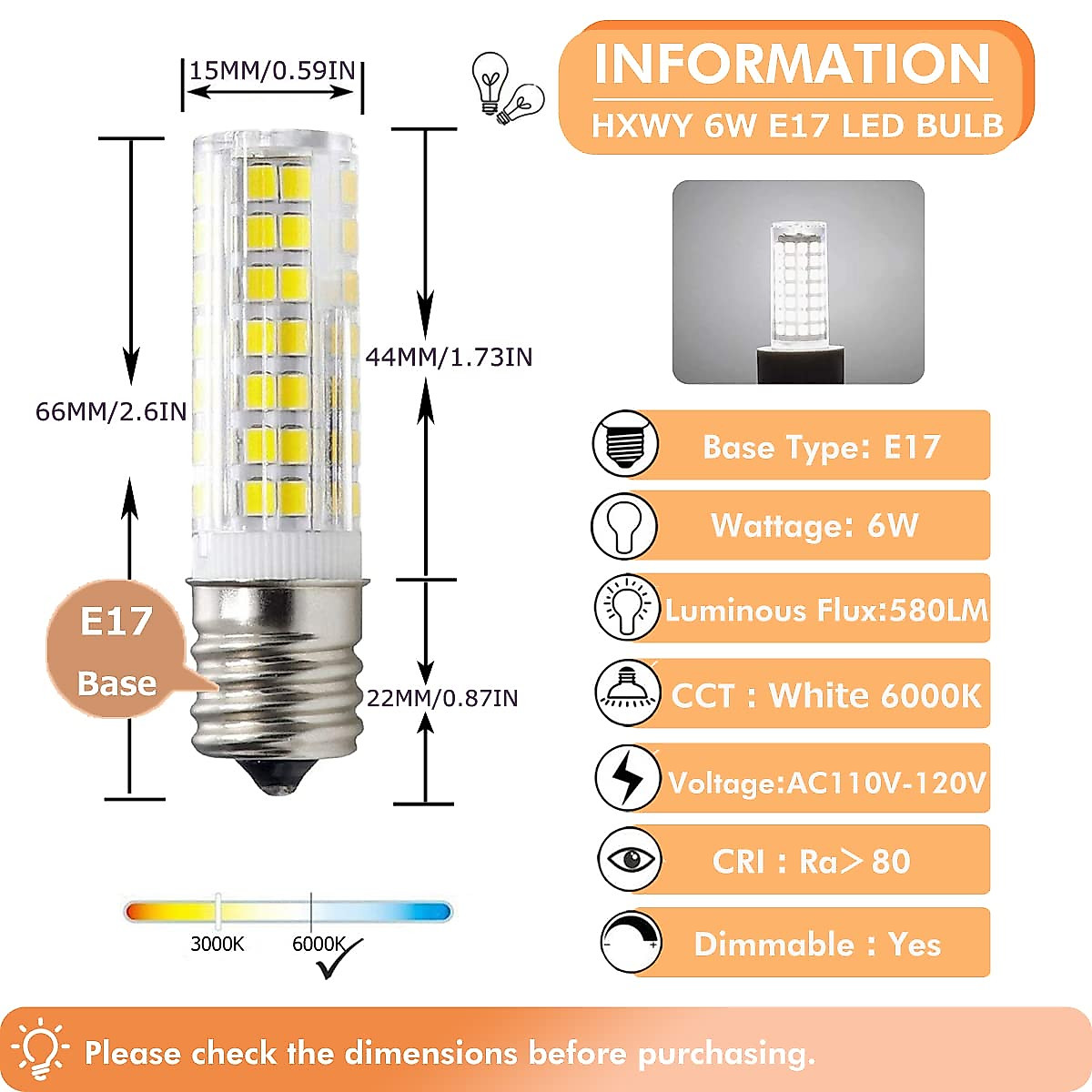 HXWY E17 LED Bulb for Microwave Oven Over Stove Appliance, 6W White (60W Halogen Bulbs Equivalent), 110-120V, Intermediate Base, Dimmable, Pack of 2