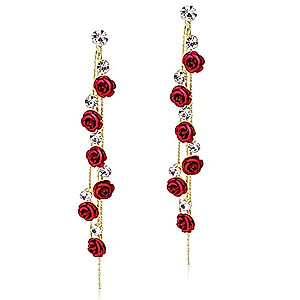 ANDPAI Unique Chic Long Tassel Chain Red Purple Rose Flower Dangle Drop Stud Earrings with White Sparkly Crystal for Women Statement Jewelry Gifts (Red)