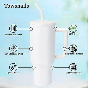 Towsnails 40oz sublimation tumbler with Handle | Leak-proof Lid and Straw | Insulated Coffee Mug Stainless Steel Travel Mug | Modern Insulated Tumblers Cupholder Friendly (2PACK/ White
