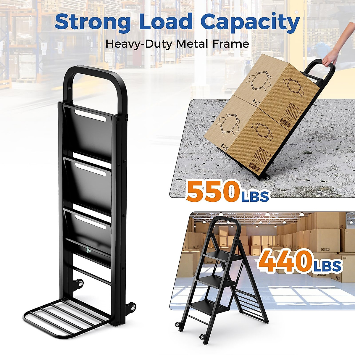 S AFSTAR 2-in-1 Folding Ladder & Hand Truck Combo, 3-Step Step Ladder with Wheels, Convertible Hand Cart with Wide Steps, 550 Max Load, Heavy-Duty Metal Dolly Cart Ladder for Home Office Garage