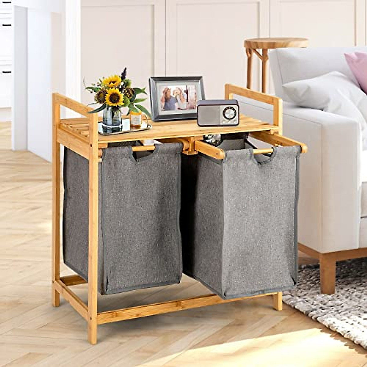 Bamboo Laundry Hamper with Dual Compartments Laundry Sorter and Sliding Bagswith Removable Sliding Bags & Shelf – Wooden Bamboo Laundry Organizer Cabinet for Bathroom (HOOYA1297)