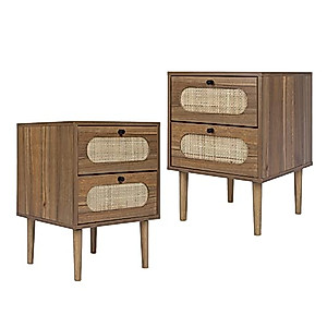 Modern Walnut Nightstand with 2 Drawers Rattan Side Table End Table with Storage Set of 2 Elegant Wood Square Bedside Tables for Bedroom Living Room Small Space(2-Pack)