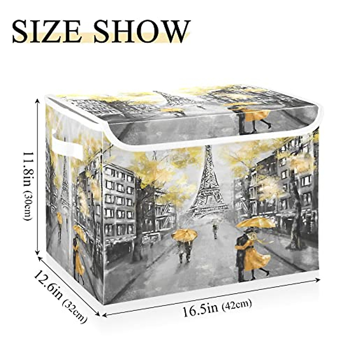Krafig Modern Art Eiffel Tower Yellow Foldable Storage Box Large Cube Organizer Bins Containers Baskets with Lids Handles for Closet Organization, Shelves, Clothes, Toys