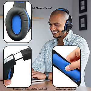 SVYHUOK Wired Gaming Headset for PS4, Over-Ear PC Headphones As Gifts for Kids Teens, Gamer Headset with Mic LED Light 3D Bass Surround Sound, Memory Foam Earpad for Mac, Laptop, Mobile (Black Blue)