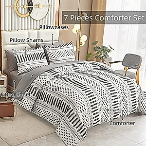 DJY Boho Comforter Set Queen Size Bed in a Bag 7 Piece Black and White Tufted Shabby Chic Bedding Embroidered Stripe Comforter with Sheets and Pillowcases, Soft Lightweight Bedding for All Season