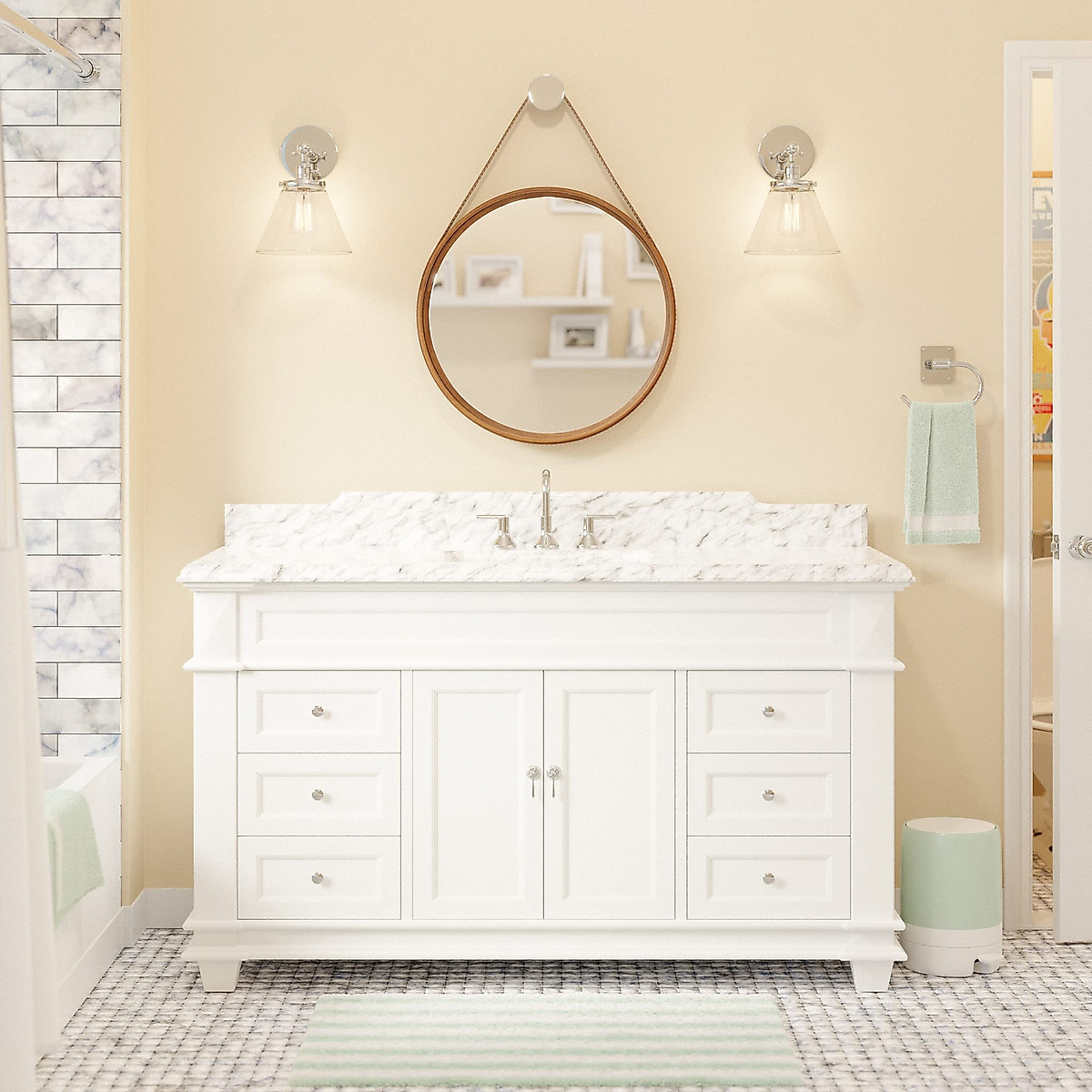 Kitchen Bath Collection Elizabeth 60-inch Single Bathroom Vanity (Carrara/White): Includes White Cabinet with Authentic Italian Carrara Marble Countertop and White Ceramic Sink