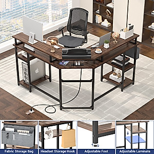 Aheaplus L-Shaped Gaming Desk with Power Outlets & LED Lights, L-Shape Computer Corner Desk with Monitor Stand and Storage Shelf, Home Office Desk with Storage Bag, Espresso