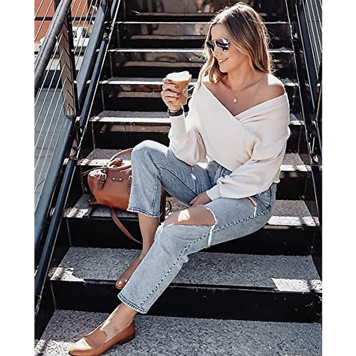 BTFBM Women Casual V Neck Long Sleeve Sweaters Cross Wrap Front Off Shoulder Asymmetric Hem Knitted Crop Solid Pullover(Solid Apricot, Small)