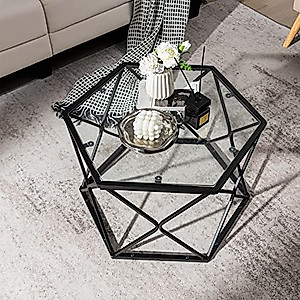 Giantex Hexagonal Glass Coffee Table, End Table w/Tempered Glass Top & Sturdy Metal Legs, Modern Center Table, Geometric Small Glass Table for Living Room, Reception Room, Black