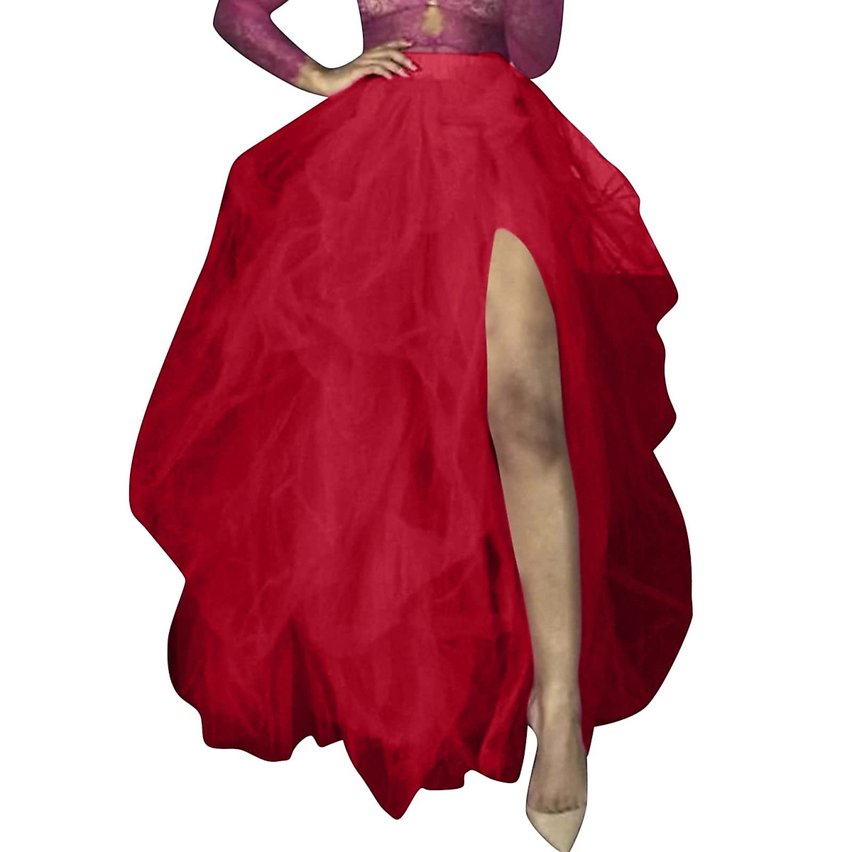 Women's Tulle Maxi Skirt Women's Party High Waist Elastic Belt Casual Poncho Women's Twin Bed Skirts (Red, One Size)