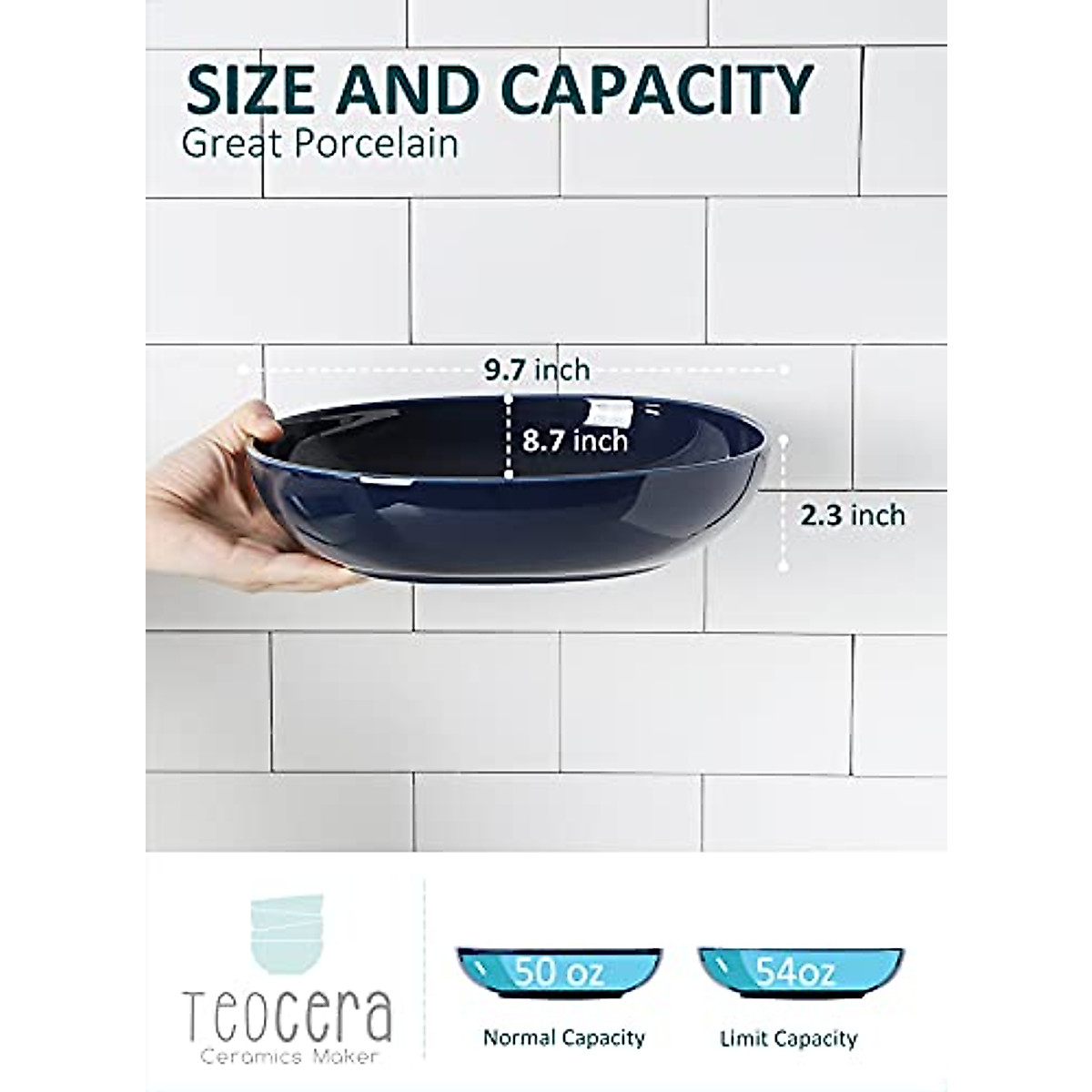 Teocera Pasta Bowls, Salad Bowls Set, Large Serving Bowls, 50 Ounce Porcelain Navy Bowls Set of 4 - Square Design, Microwave Dishwasher Safe
