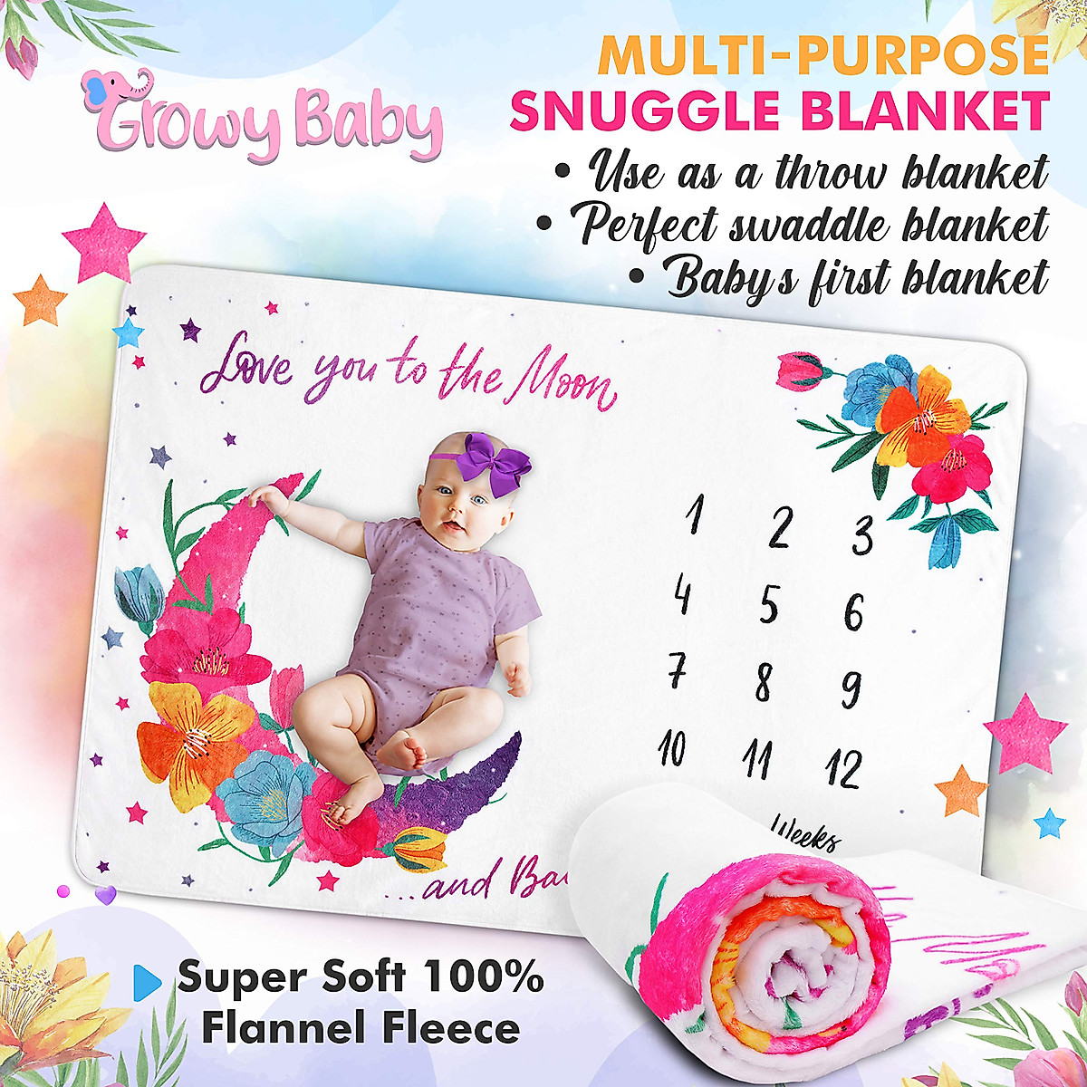 GROWY BABY Milestone Blanket for Baby Girl Gifts - Nursery Decor Baby Monthly Milestone Blanket Girl - Newborn Baby Shower Flannel Fleece Girl Milestone Blanket - 60"x40"