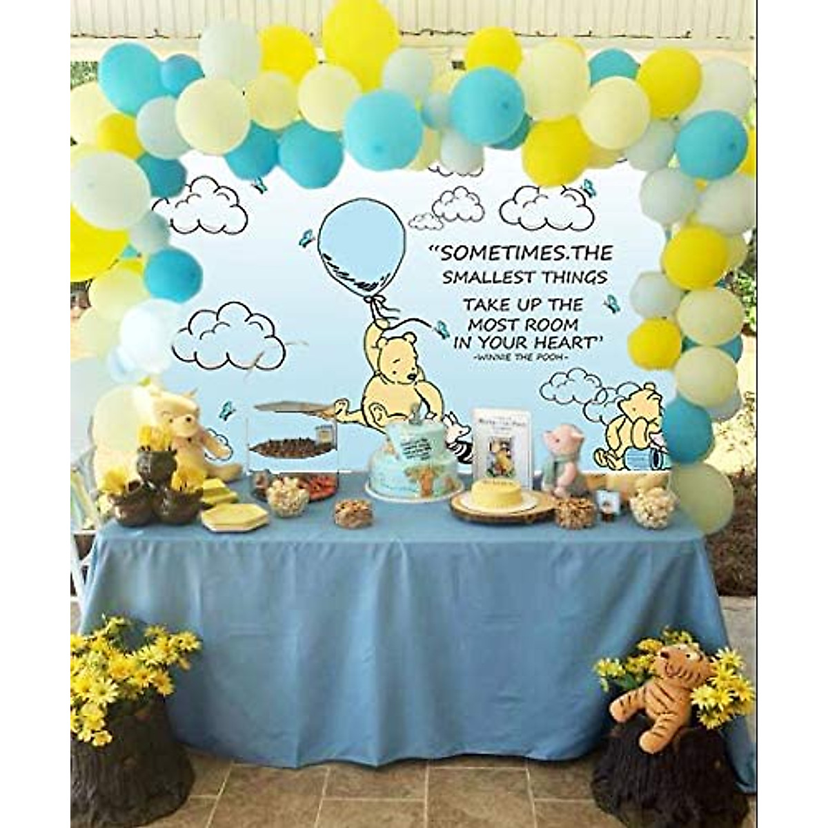 TJ Wininie The Pooh Backdrops Light Blue Hot Air Kids Baby Shower Birthday Party Photography Background White Clounds Butterfly Newborn Photo Studio Booth Props Banner 7x5ft Vinyl