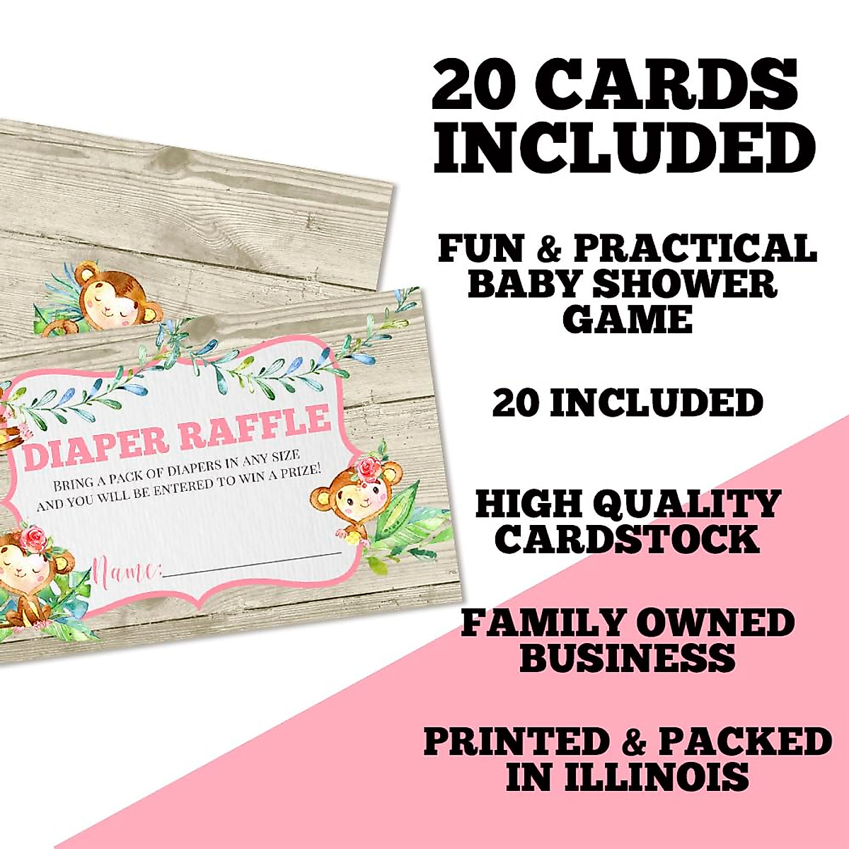Amanda Creation Watercolor Jungle Monkeys Diaper Raffle Tickets for Baby Girl Showers, 20 2" X 3” Double Sided Insert Cards for Games, Bring a Pack of Diapers to Win Favors & Prizes!