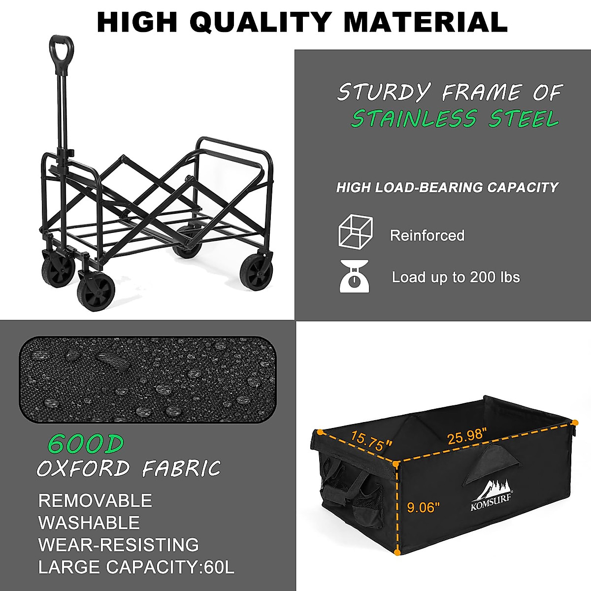 KOMSURF Foldable Utility Wagons Heavy Duty Folding Grocery Cart on Wheels, 200 lbs Capacity with Side Pockets for Garden, Shopping, Sporting and Beach Outdoor Use