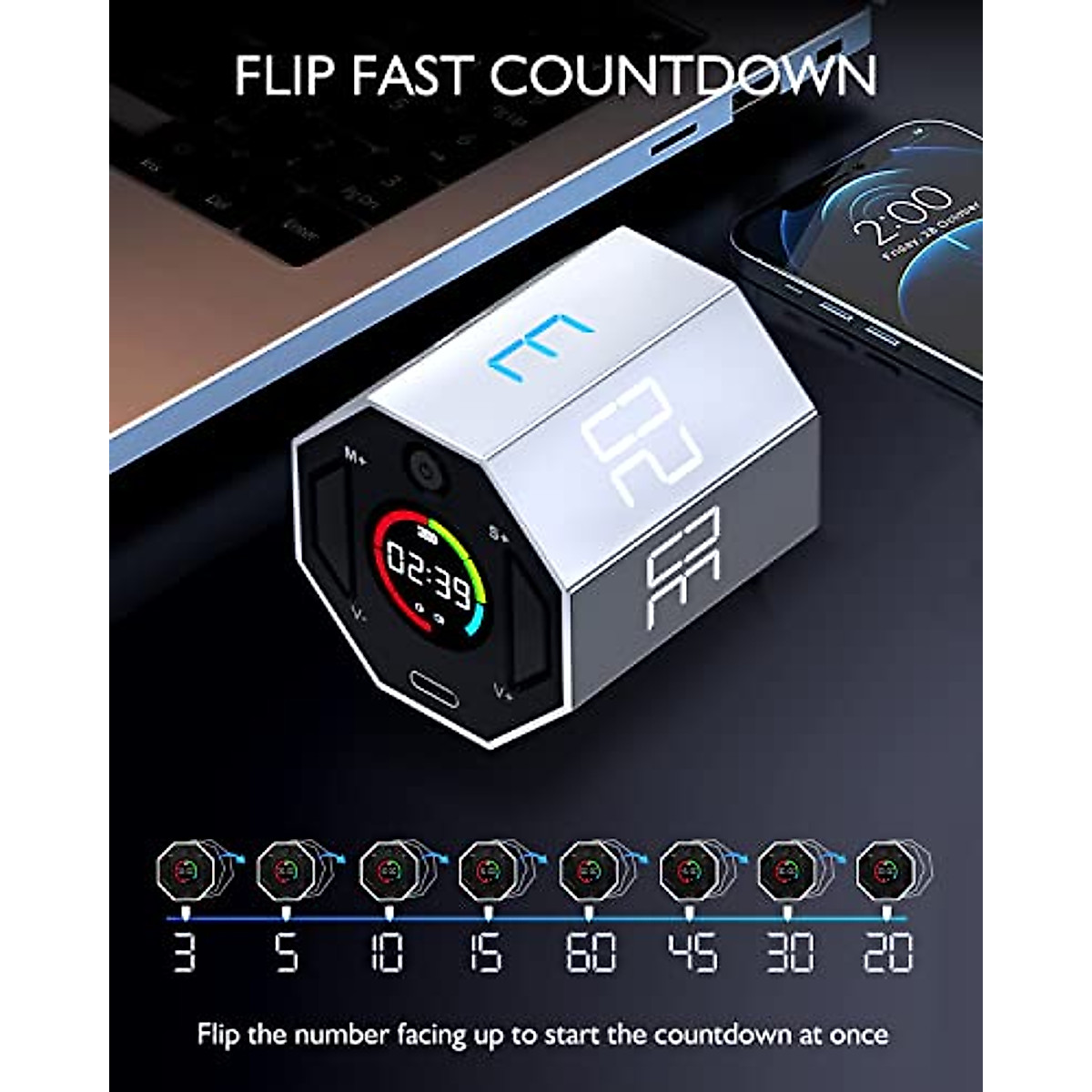 MELOHO Pomodoro Timer for Office Productivity, Magnetic Visual Timer with Flip Countdown, Silent & Alarm, Ideal ADHD Tools for Adults/Kids, Small Cube Digital Timer for Kitchen Cooking (Light Grey)