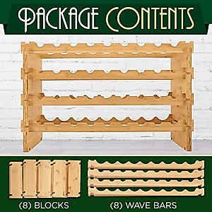 SereneLife 36 Bottle Stackable Wine Rack, 33.5” x 10” x 21” 4-Tier Large Floor Freestanding Modular Wine Bottle Storage Display Shelf Natural Bamboo Wood Construction for Kitchen and Cellar