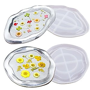2PCS Large Resin Tray Molds Irregular Oval Round Tray Silicone Mold with Edge Jewelry Tray Trinket Plate Candle Holder Mold for Epoxy Resin Casting Concrete Cement DIY Art Craft Home Decor