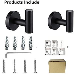 QUANHEE Bathroom Towel Hooks Matte Black SUS 304 Stainless Wall Hook Heavy Duty Hanger Coat/Robe/Hat for Kitchen Living Room Bedroom Hotel Office Cabinet 2 Pack (Matte Black), QUANHEE05