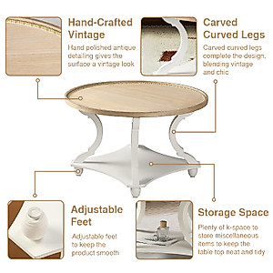 Wnutrees Farmhouse Round Coffee Table, Rustic Circle Coffee Table with Wood Tray Top for Living Room, Boho Coffee Table with Storage Shelf, Handcrafted Finish, White