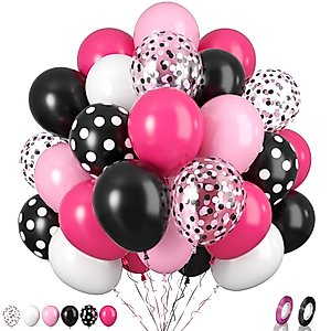 Pink Black Balloons Set, 60PCS Rose Red Black Birthday Balloons, 12 Inch Hot Pink White Latex Balloons Black Dots Pink Confetti Helium Balloons for Girls Mouse Theme Birthday Bridal Party Supplies