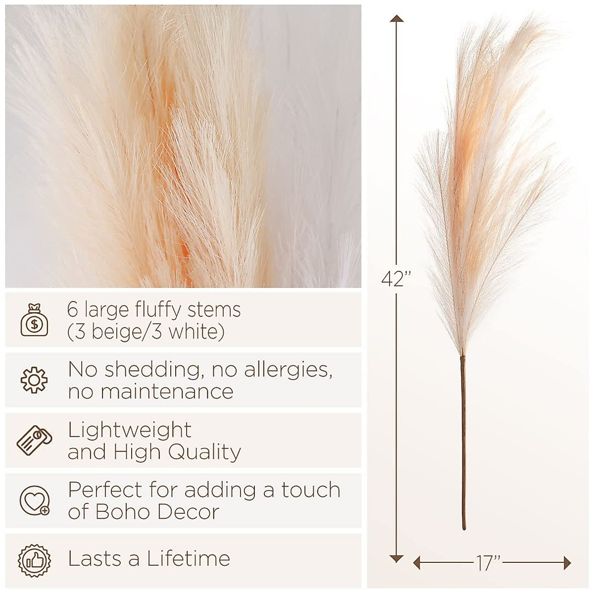 Stay Chic Artificial Faux Pampas Grass - 6 Stems 42 inch Length Fluffy Dry Tall Grass Pampas Plant, Silk Creamy Flower Bouquet for Home Kitchen Garden Party Photography Arrangement Vase Décor