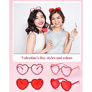 TOODOO 2 Pairs Rhinestone Heart Sunglasses Heart Shape Rimless Sunglasses for Women Transparent Heart Glasses (Pink, Red)