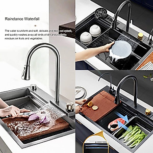 Black 304 Stainless Steel Kitchen Sink Nano Raindance Waterfall Countertop Sink Drop-in Or Undermount Utility Sinks for a Laundry Room Modern Bar Sink with Cup Washer Sinks and Pull-Out Faucet ( Size